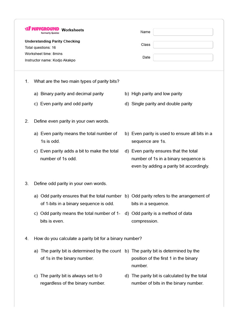 Parity Checking Worksheet: 16 Questions | PDF | Error Detection And ...