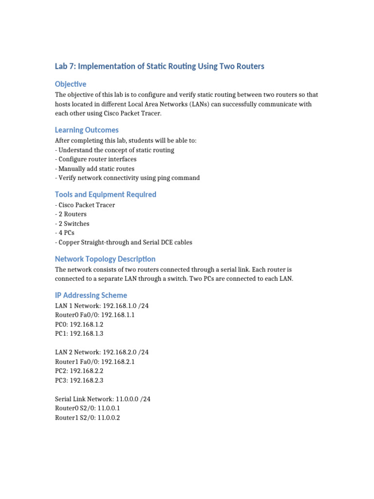 Lab 7 Static Routing Detailed | PDF