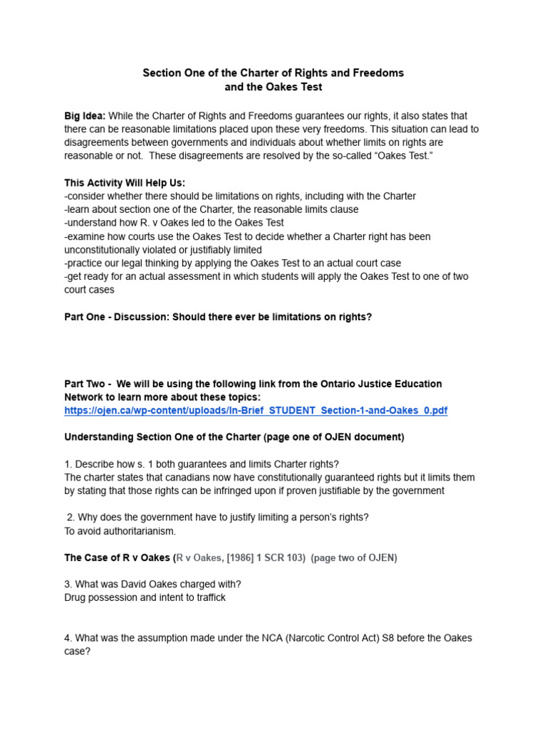 Section One of the Charter and the Oakes Test | PDF | Civil Rights And ...