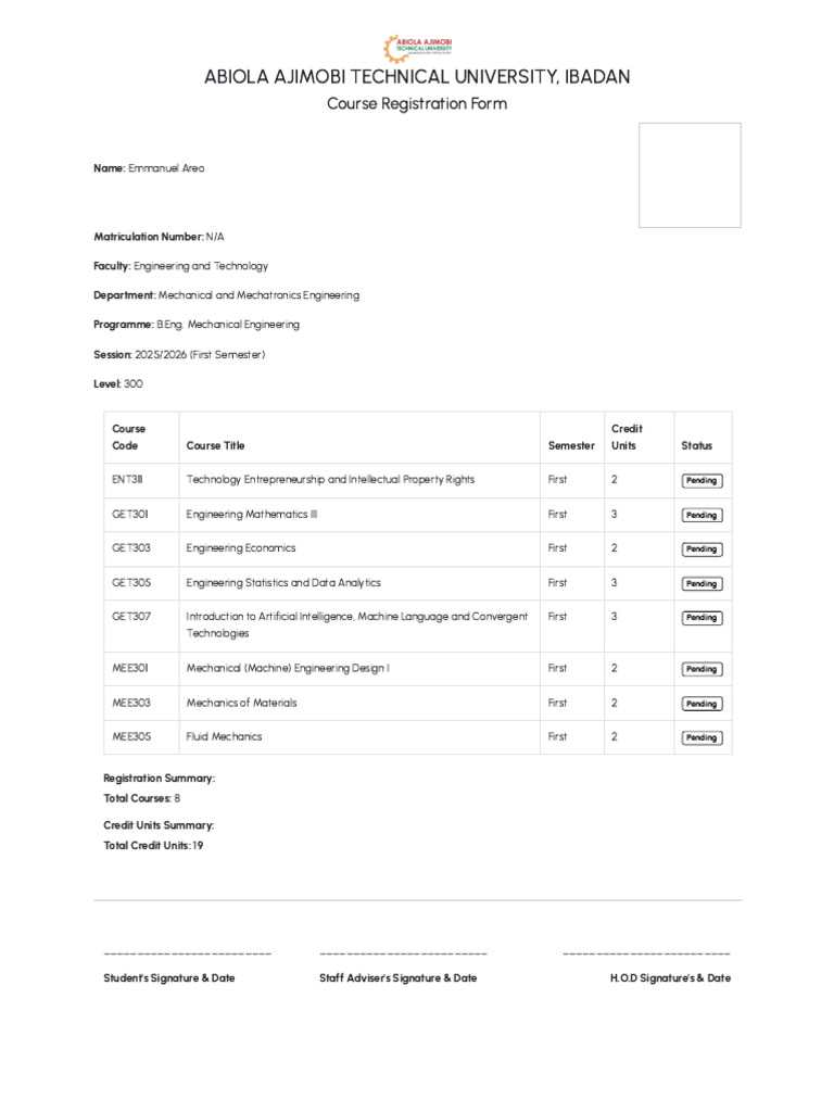 300lvl First Semester Course Registration Form | PDF