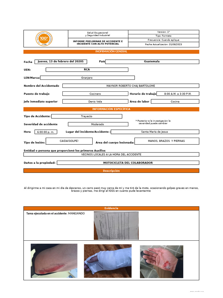 Informe Preliminar de Accidente en Pdv BAYRON PAR | PDF