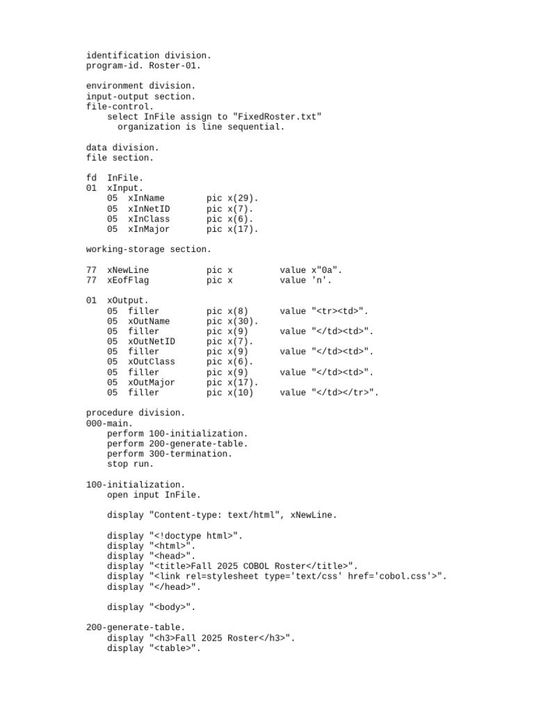 COBOL Roster HTML Generator Code | PDF