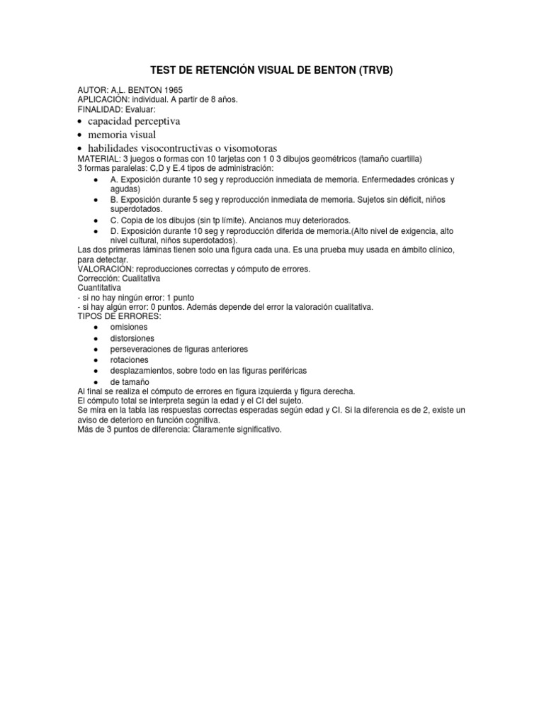 Test de Retención Visual de Benton | PDF