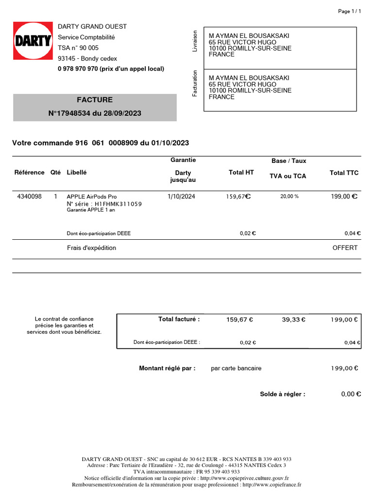 Facture Darty : AirPods Pro 199€ | PDF | Commerce | Financement du ...