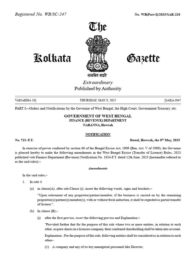 Amendments to West Bengal Excise Rules | PDF | License | Holding Company