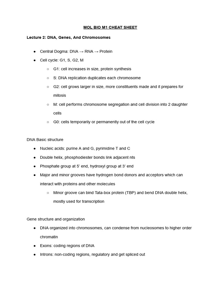 Copy of mol bio midterm CHEAT SHEET bio 3170 | PDF | Dna Replication | Dna