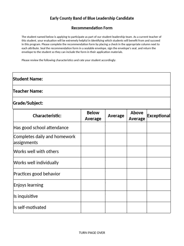 EC Leadership Recommendation Form | PDF | Leadership | Teachers