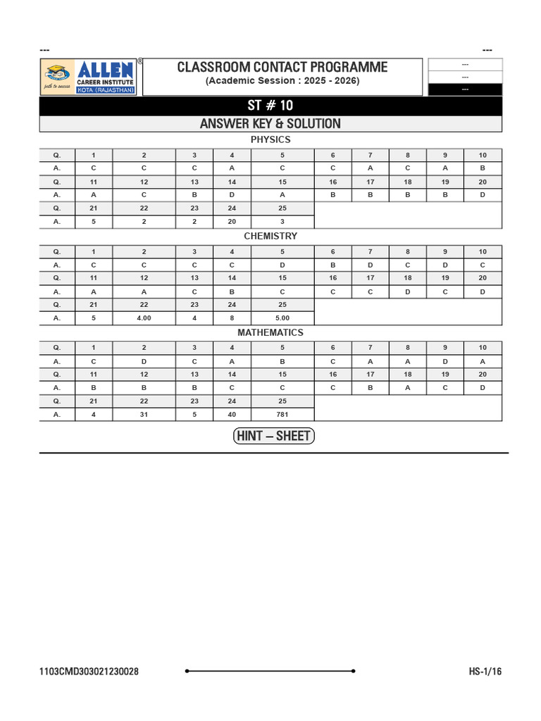 ST # 10 Answerkey and Sol | PDF | Chemical Reactions | Pendulum