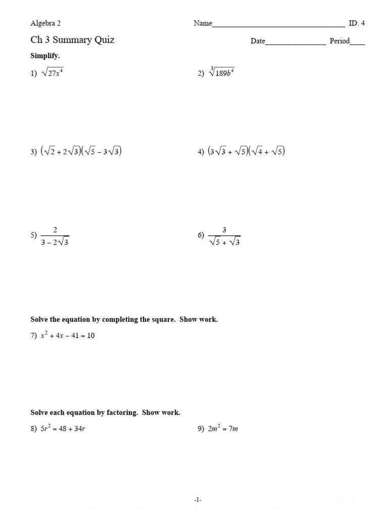Algebra 2 Chapter 3 Summary Quiz | PDF | Algebra | Mathematics