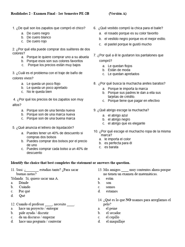 R2-Ex Final Sem1-CZ Scantron PE- 2B Version a 2025.Docx | PDF