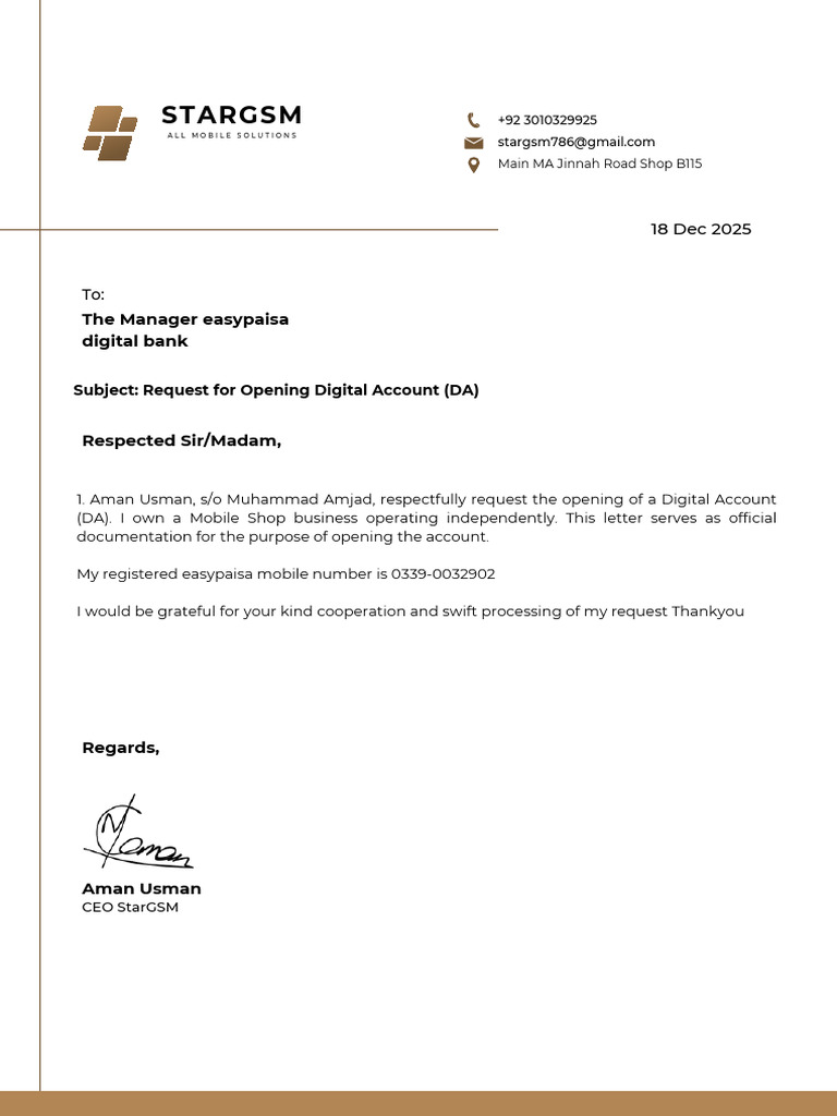 Digital Account Opening Request Letter | PDF