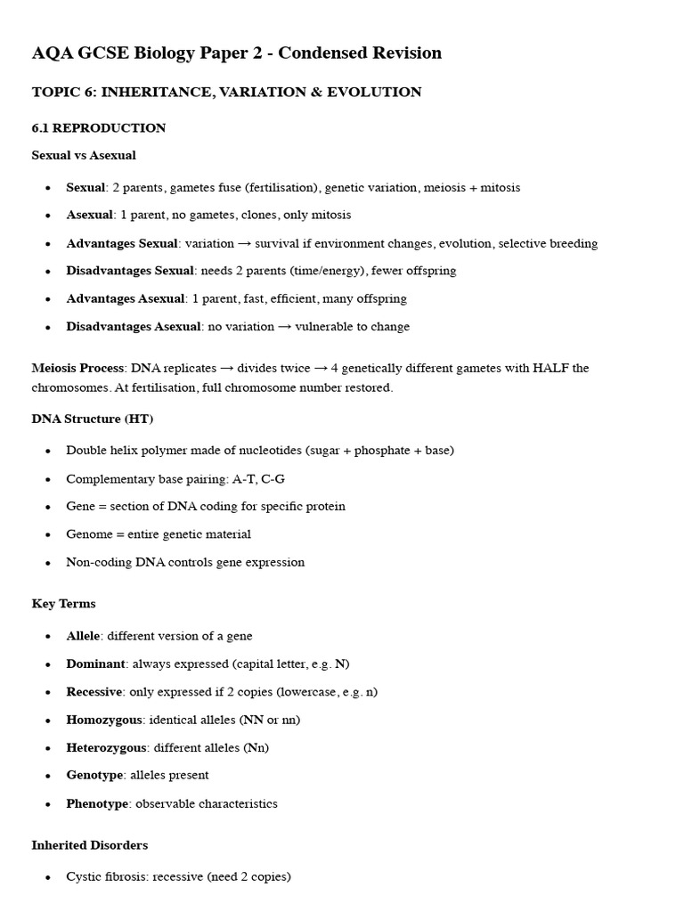 AQA GCSE Biology Paper 2 Condensed Revision | PDF | Genetics | Gene