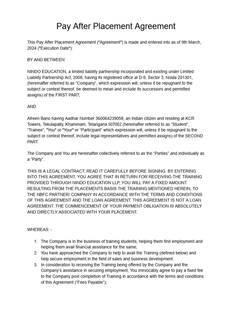 Pay After Placement Agreement Details | PDF | Arbitration | Legal Remedy