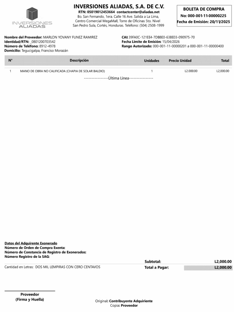BOLETA DE COMPRA N° 000-001-11-00000225 | PDF