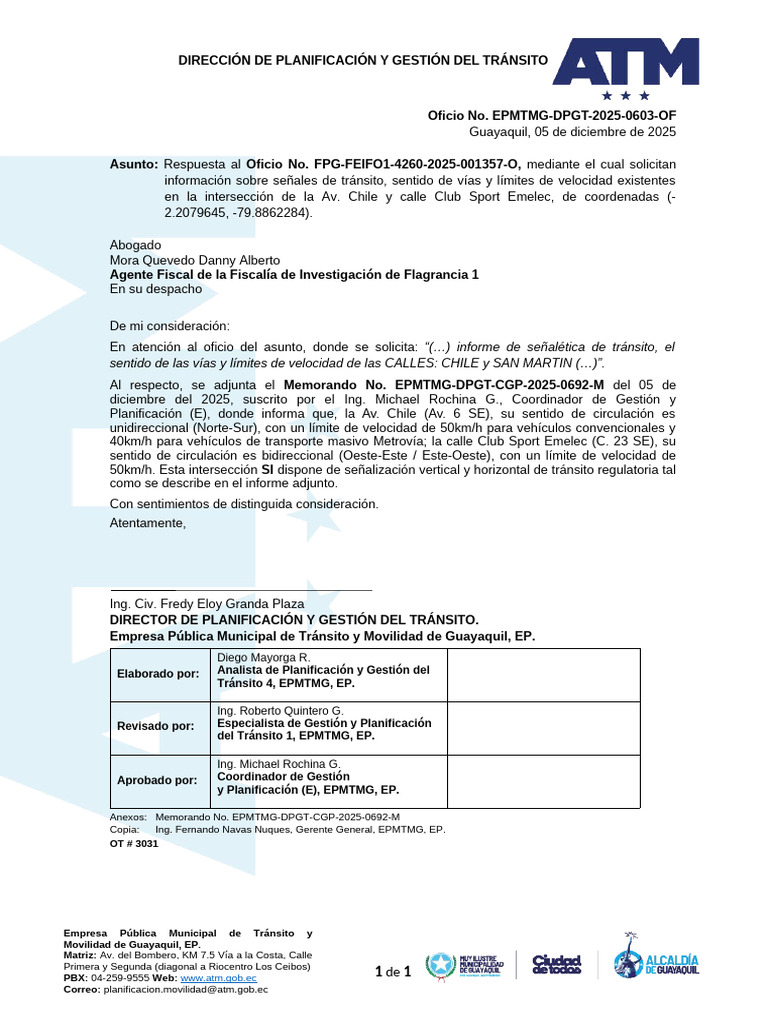 Ot 3031 Oficio No. Epmtmg Dpgt 2025 0603 Of | PDF | Transporte