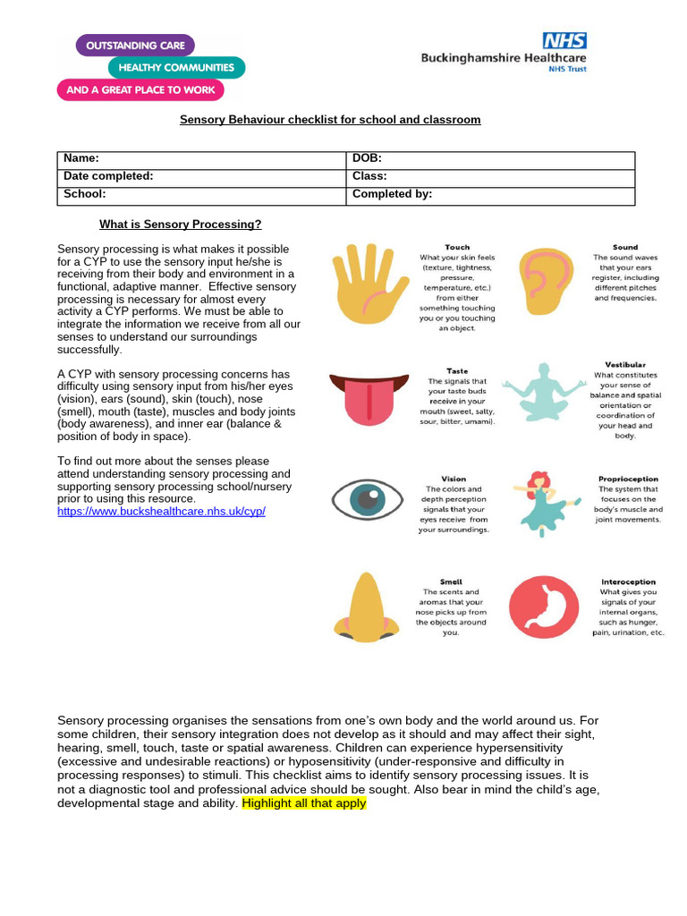 Sensory Processing Checklist for Schools | PDF | Senses | Perception