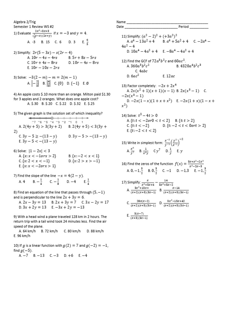 Algebra 2 Trigonometry Review Worksheet | PDF | Mathematical Relations ...