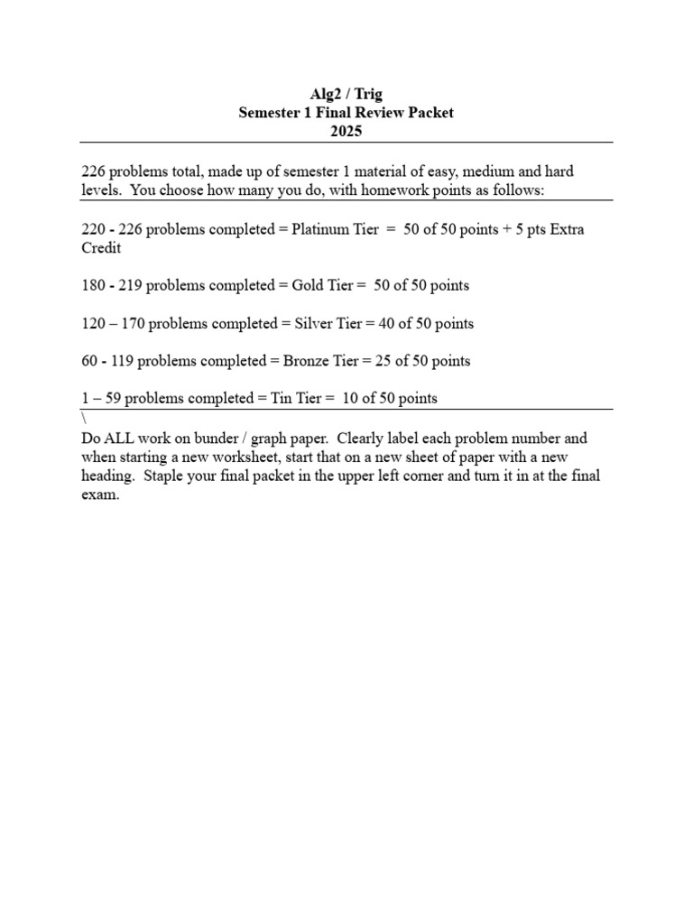 A2T - Sem1 Final Review Packet - Cover Sheet | PDF