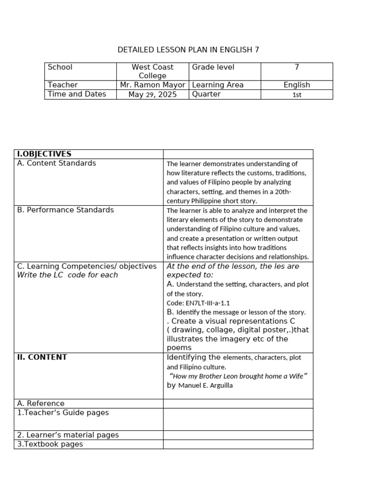 Detailed Lesson Plan in English 7_vincent | PDF | Lesson Plan | Learning