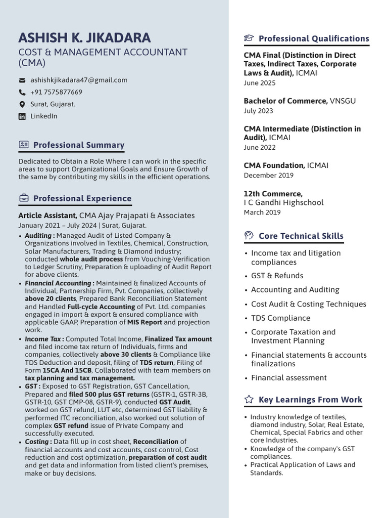 CMA Ashish cv | PDF | Taxes | Accounting