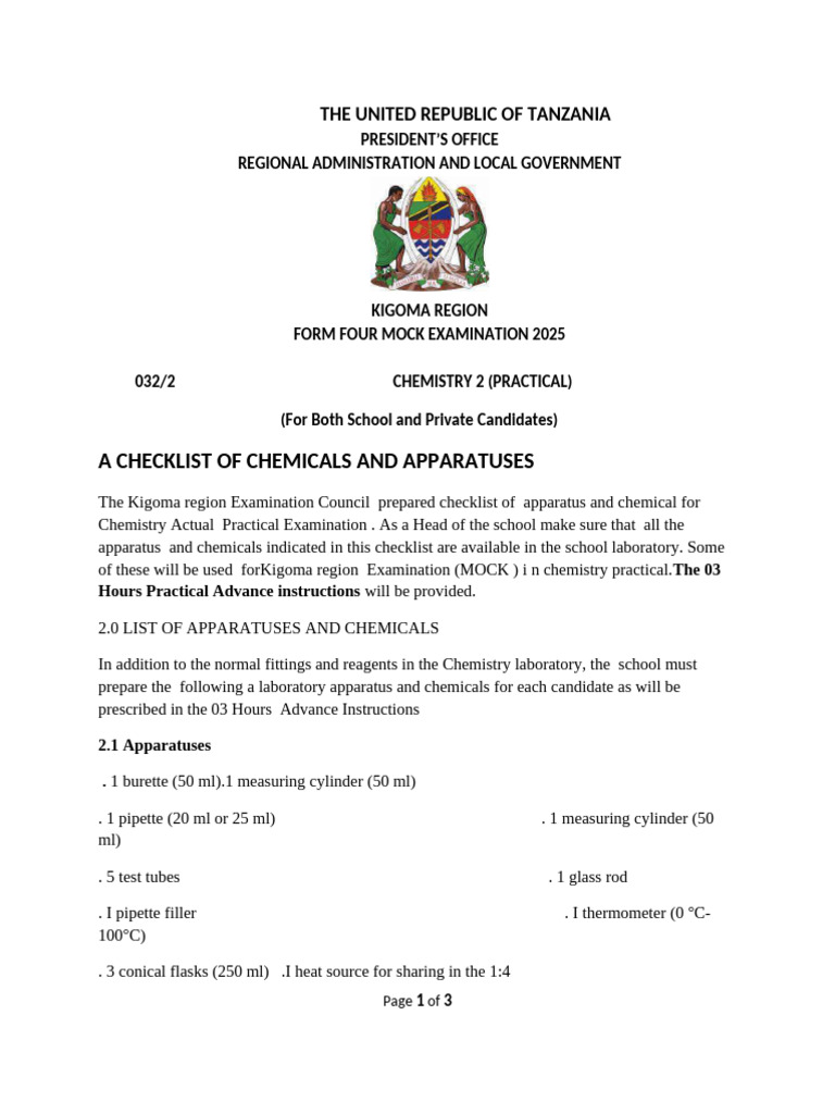 Kigoma Region Chemistry Practical Checklist | PDF | Acid | Potassium