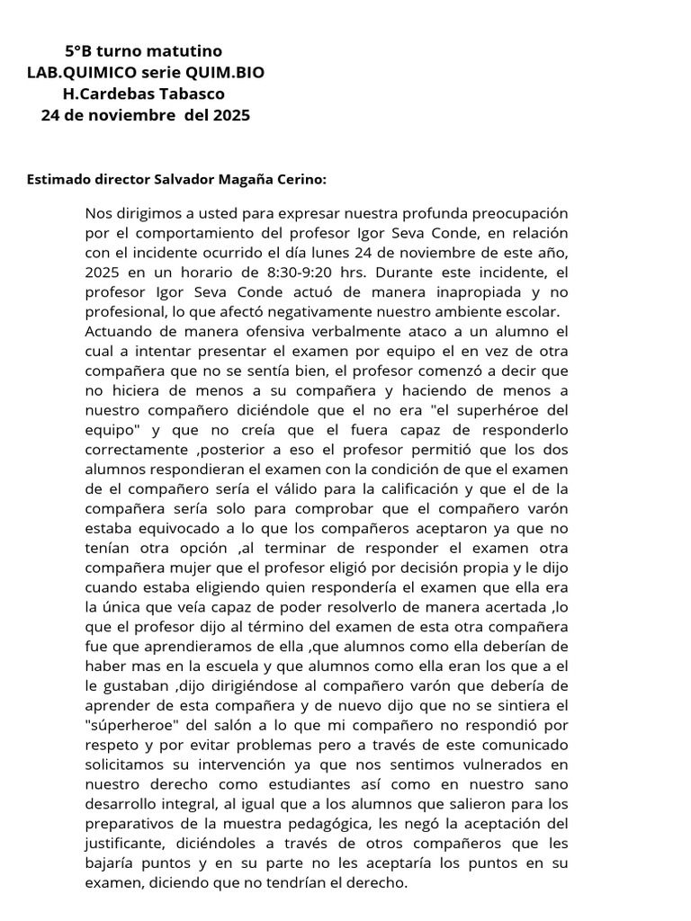 Queja por conducta inapropiada del profesor | PDF