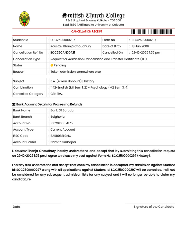 Print Cancellation Receipt - Scottish Church College | PDF