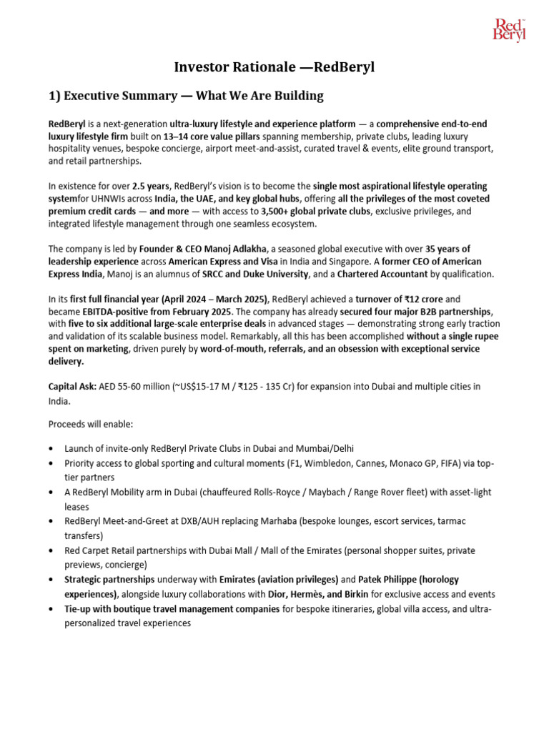 Investor Concept Note - RedBeryl | PDF | Dubai | Visa Inc.