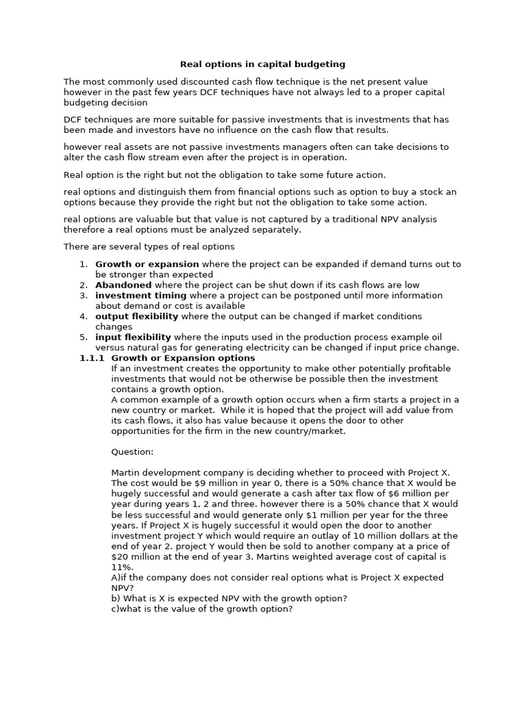 Real Options in Capital Budgeting Analysis | PDF | Net Present Value ...