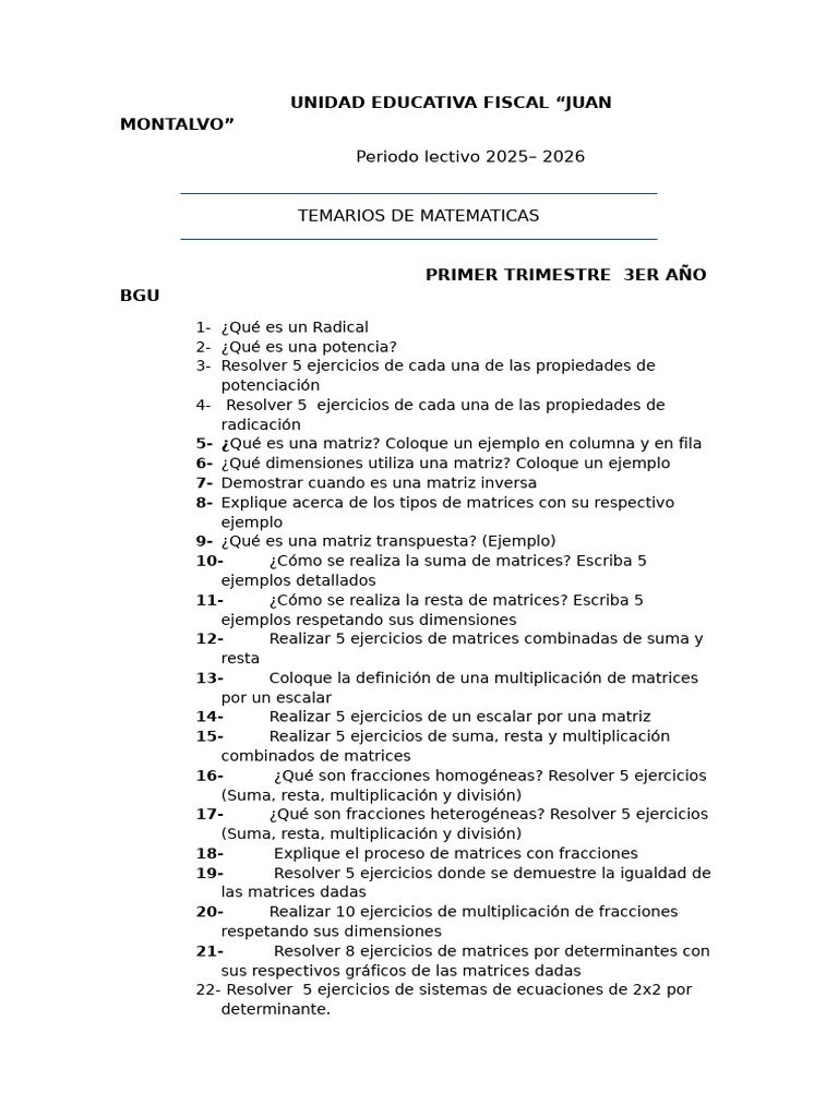 Temarios de Matem. 1er Trim 3er Año | PDF