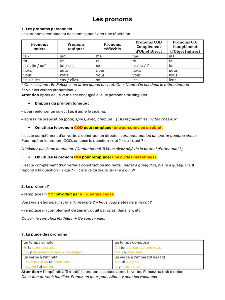 Guide des pronoms en français | PDF | Pronom | Complément d'objet