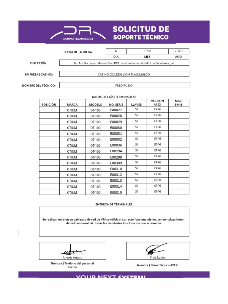 Hoja de Servicio Golden Lion Tlajomulco 06.06.2025 | PDF
