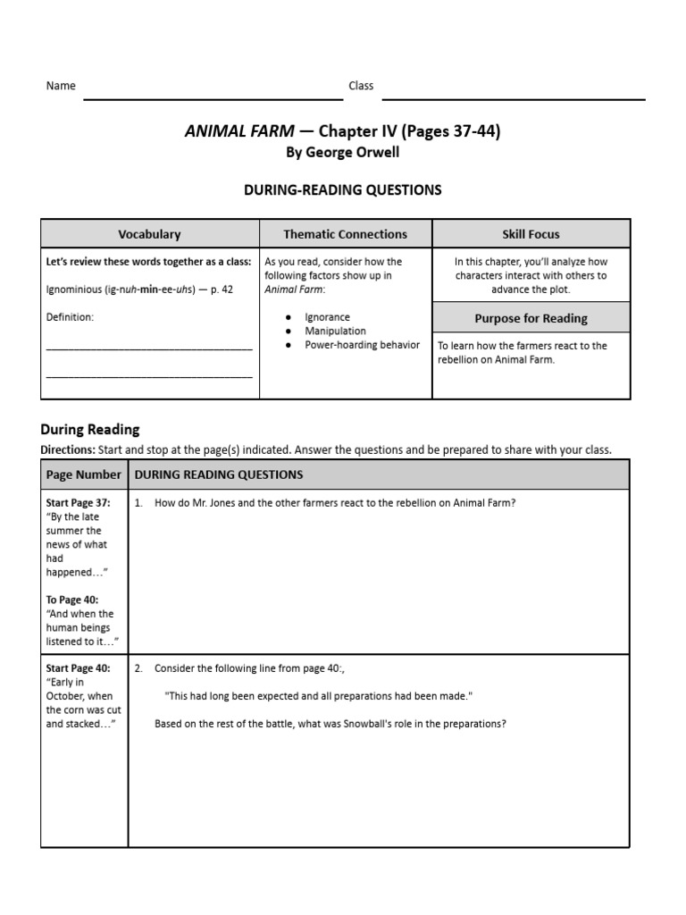 English 10_ Animal Farm Chapter 4 Comprehension Questions | PDF