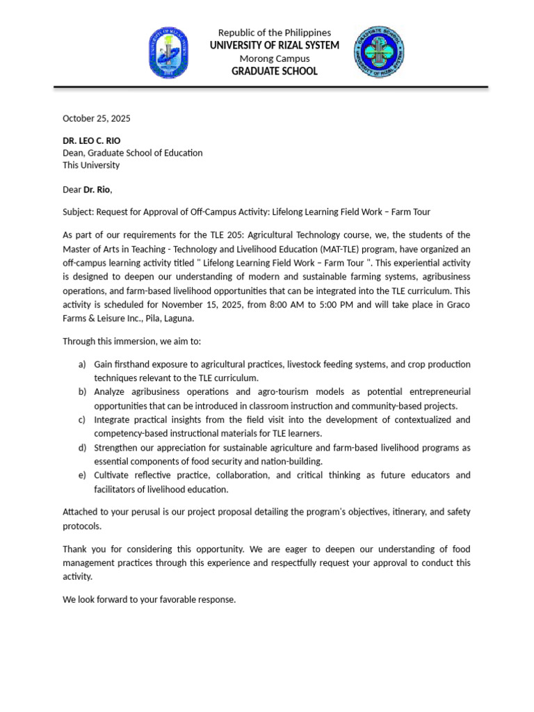 Request for Approval of Off Campus Activity TLE205 | PDF | Agriculture ...