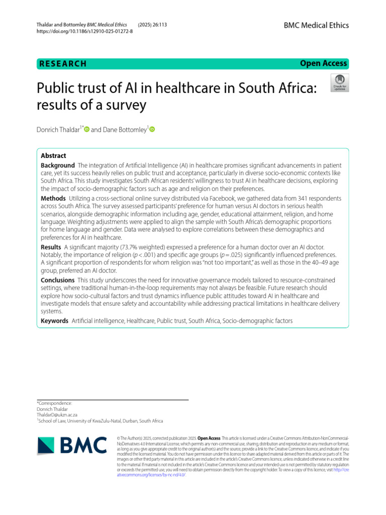 Trust in AI Healthcare in South Africa | PDF | Artificial Intelligence ...