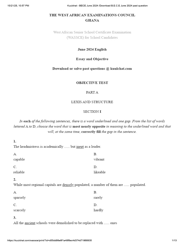 Kuulchat - BECE June 2024 _Download B.E.C.E June 2024 Past Question ...