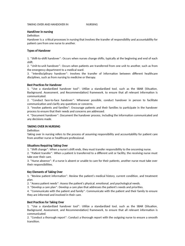 Nursing Handover and Taking Over Guide | PDF | Nursing | Health Care