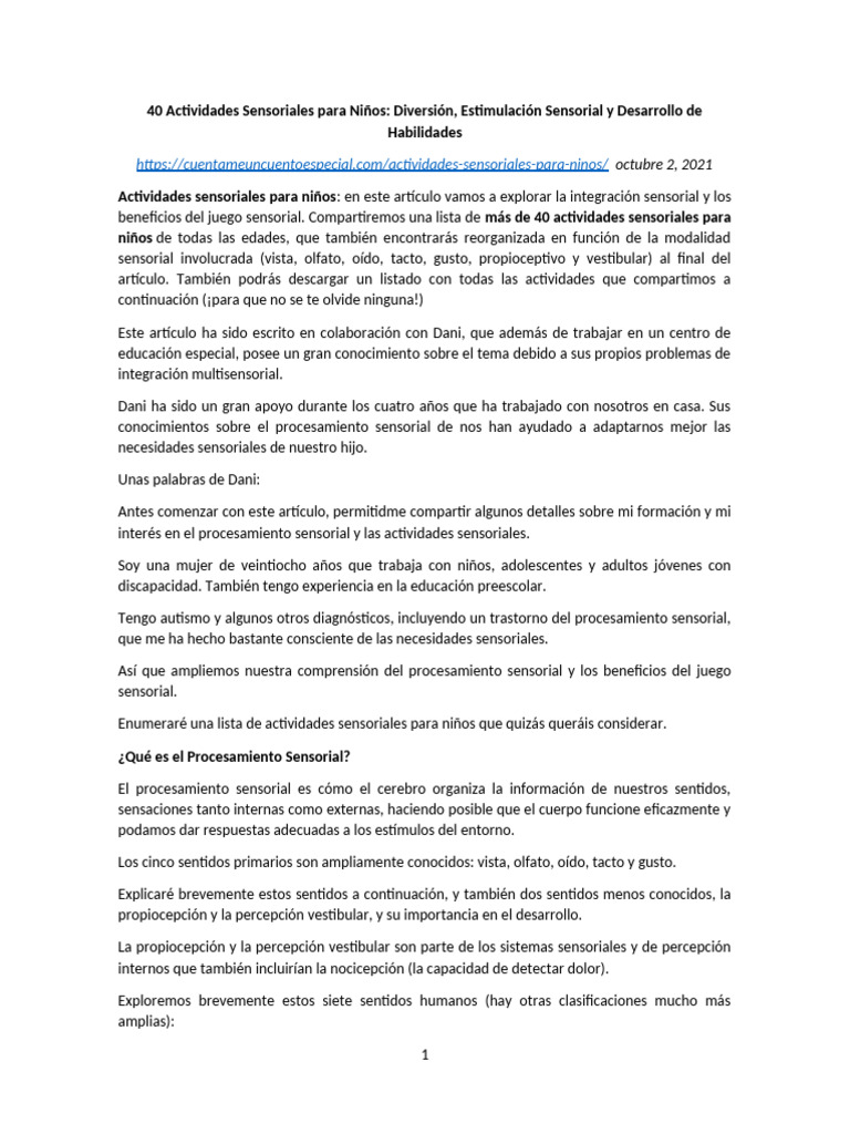 40 Actividades Sensoriales para Niños | PDF | Percepción | Gusto