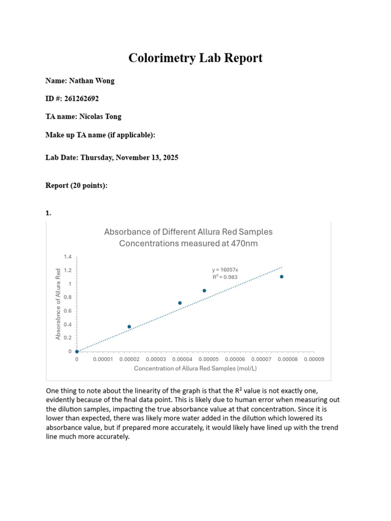 Nathan Wong - Colorimetry Data Processing Lab Report | PDF | Concentration | Absorbance