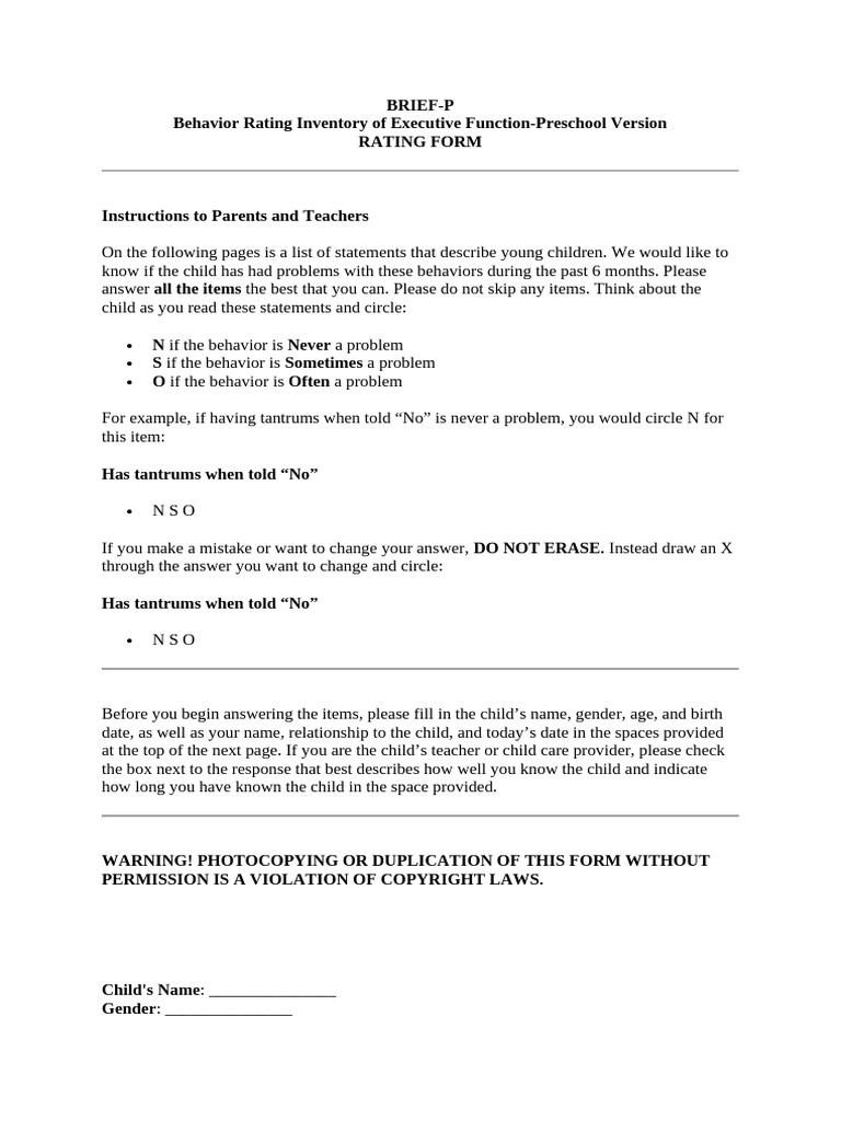 Preschool Executive Function Behavior Assessment | PDF | Sports