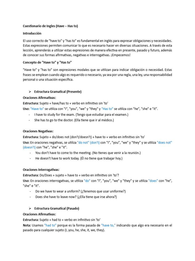 Uso de "Have to" y "Has to" en Inglés | PDF | Verbo | Asunto (gramática)