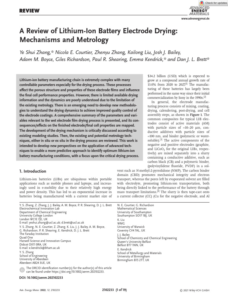 A Review of Lithium‐Ion Battery Electrode Drying Mechanisms and ...