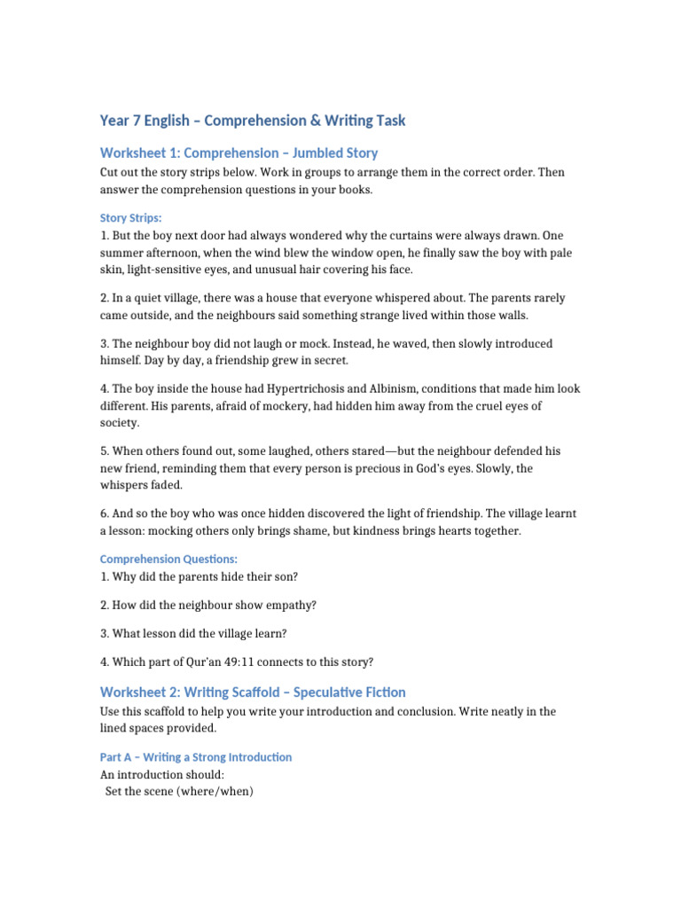 Year 7 English Comprehension & Writing Task | PDF