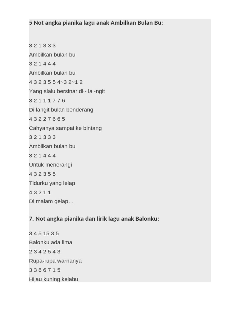Not Angka Pianika Lagu Anak Populer | PDF