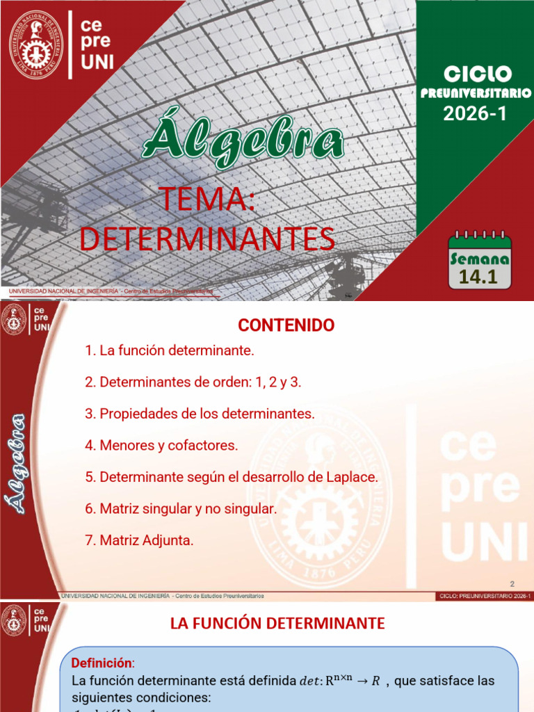 CLASE 14.1 PRE 2026-1 algebra nivel pree | PDF | Determinante | Matriz (Matemáticas)