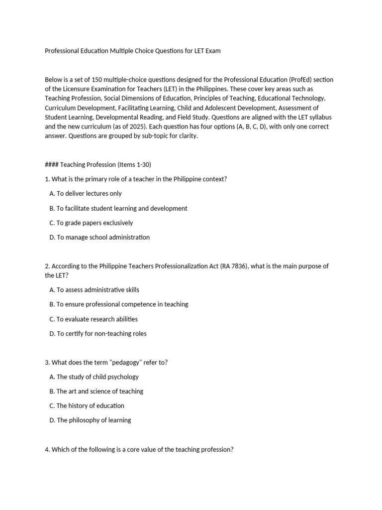 LET Exam ProfEd MCQs for Teachers | PDF | Teachers | Learning