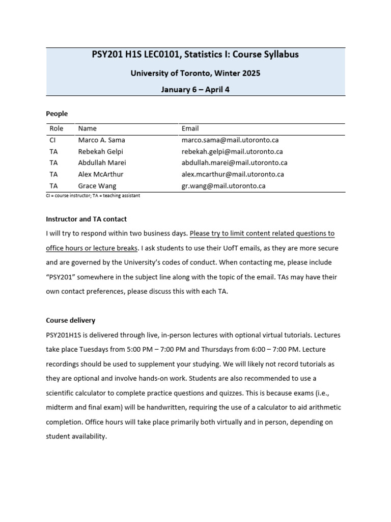 PSY201S Syllabus 2025 Winter Sama | PDF | Plagiarism | Academic Integrity