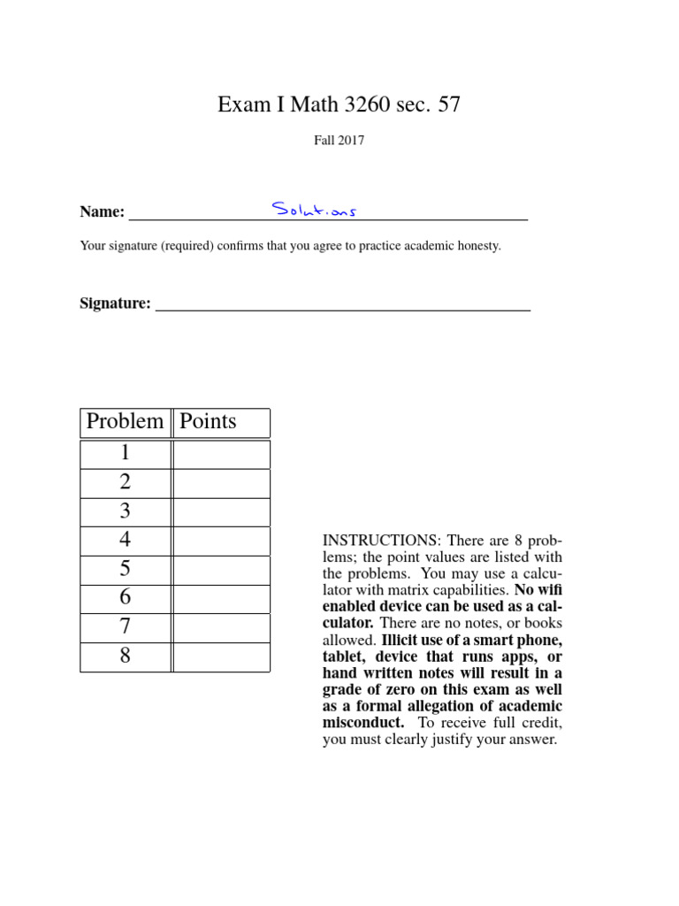 exam1_3260_57F17_sol | PDF | Matrix (Mathematics) | System Of Linear ...