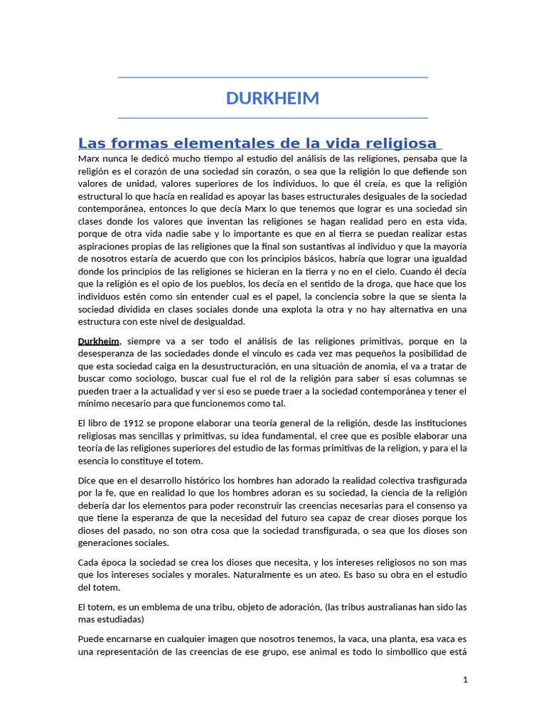 Durkheim Las Formas Elementales de La Vida Religiosa | PDF | Emile ...