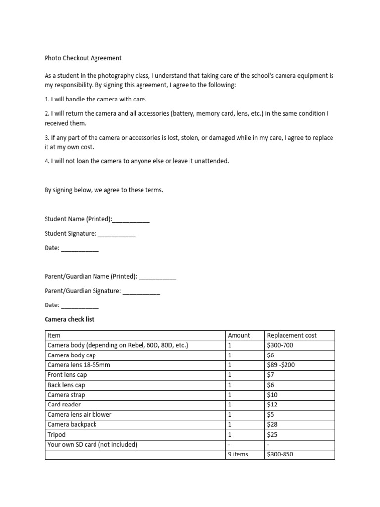 Photography Equipment Checkout Agreement | PDF